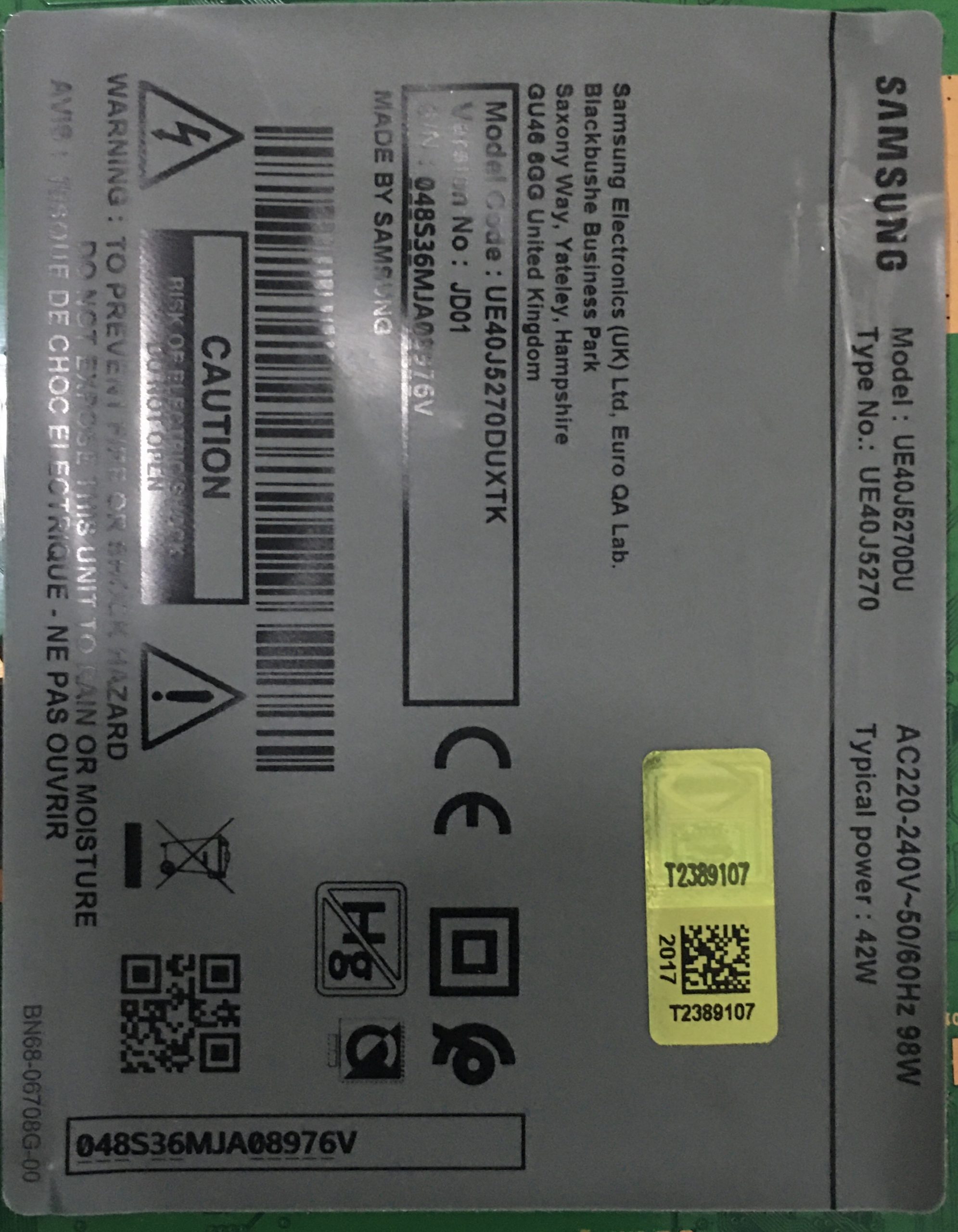 JP-3 94V-0 E306084 SVC 39.5 FCOM FHD 170109 SAMSUNG UE40J5270DU LED BAR ...